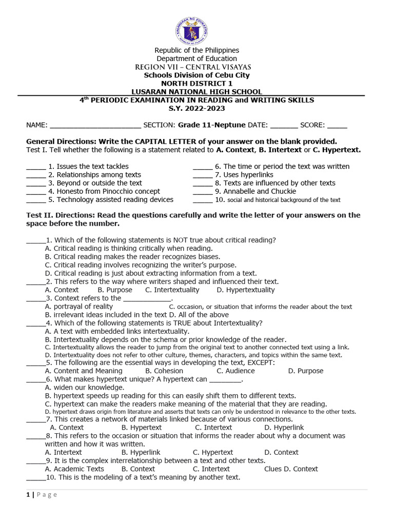 RW - 4th Periodic Test | PDF | Intertextuality | Hypertext