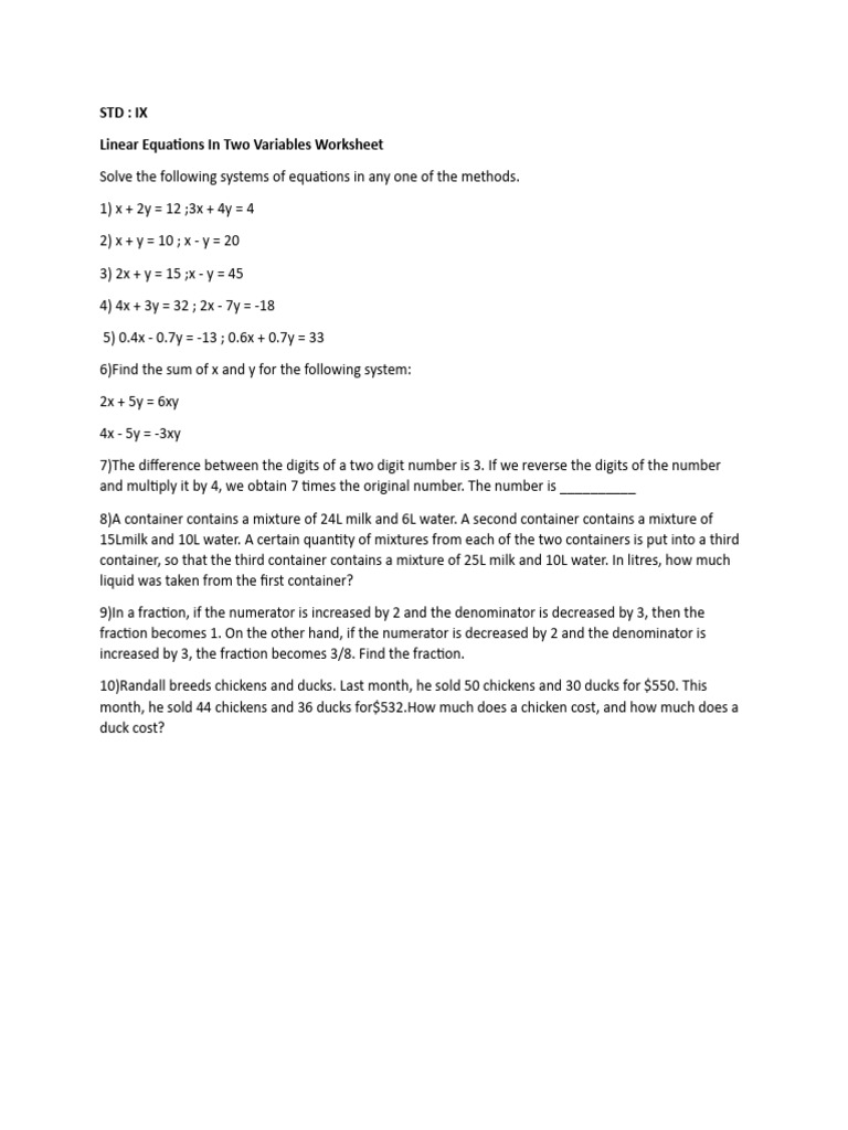 Solve - Linear Eqn - Worksheet | PDF