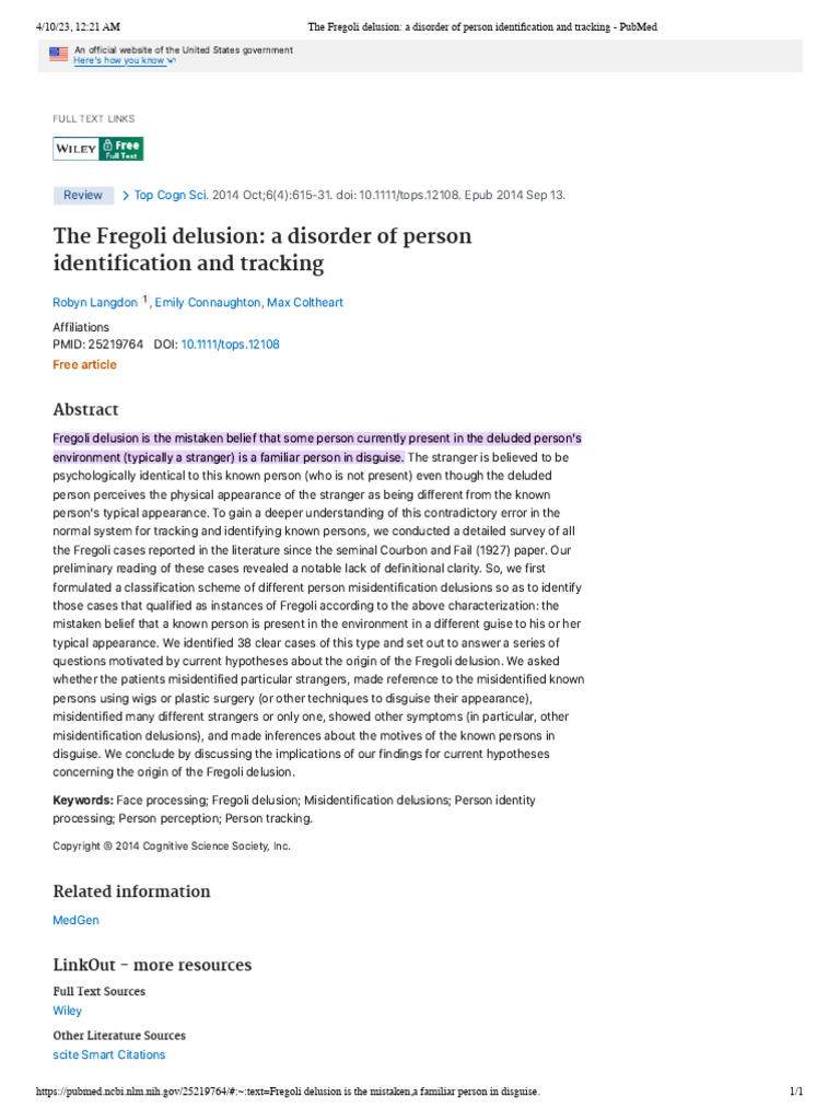 The Fregoli Delusion - A Disorder of Person Identification and Tracking ...