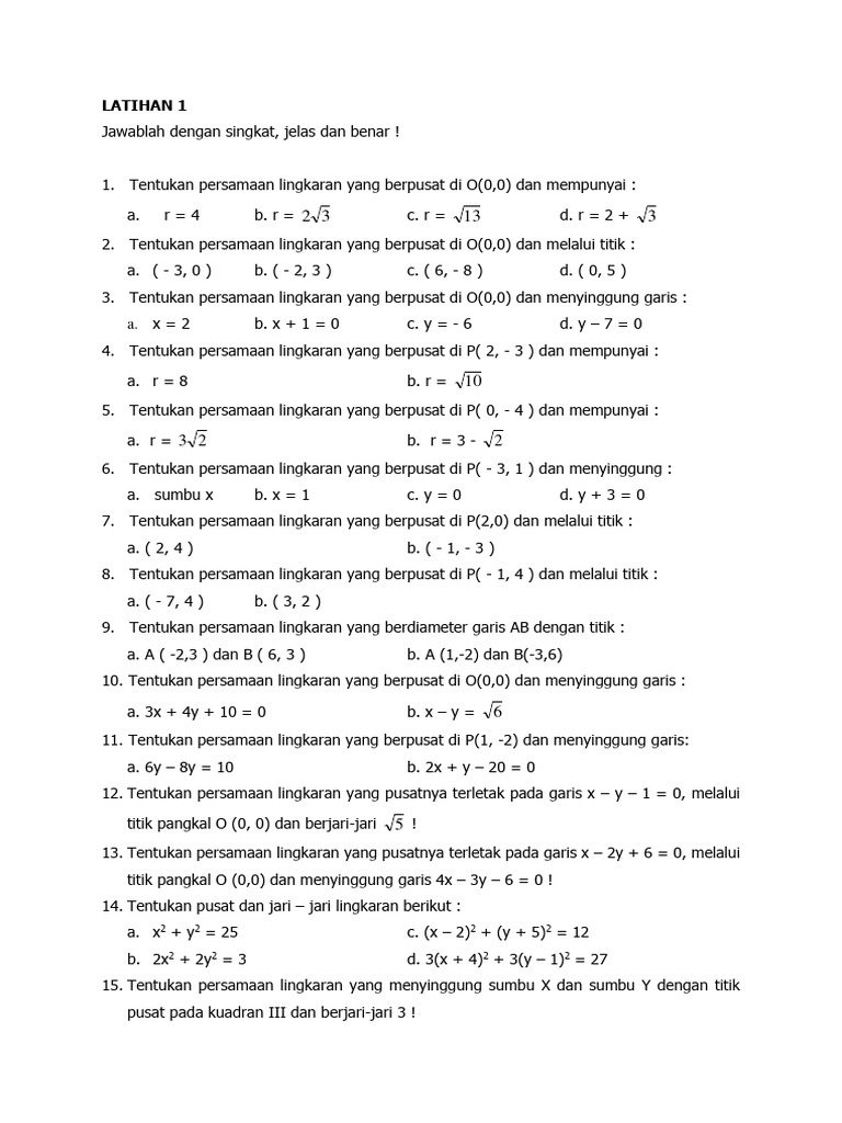 1.1 Latihan soal persamaan lingkaran 3 | PDF