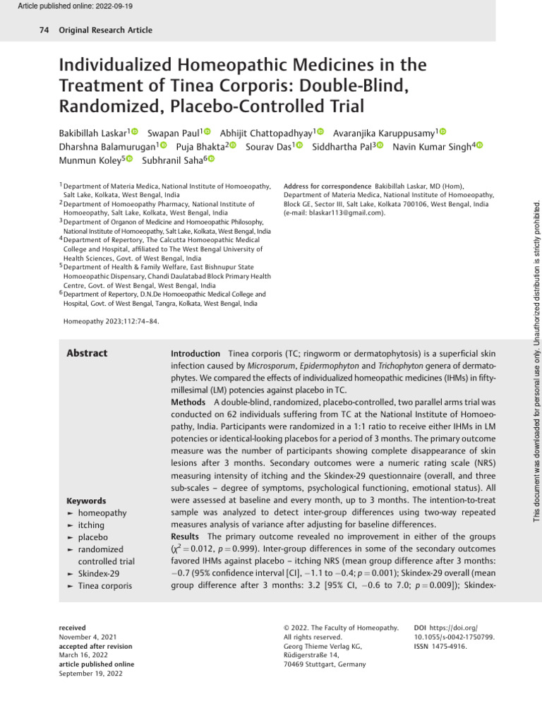 Individualized Homeopathic Medicines in The Treatment of Tinea Corporis ...
