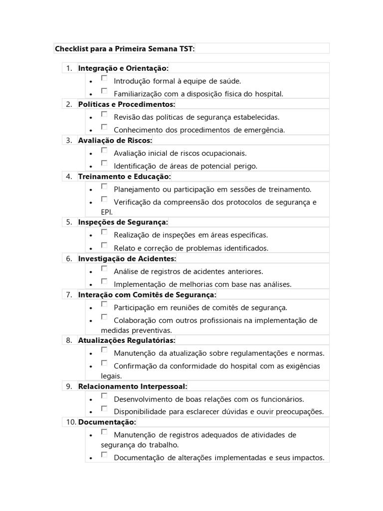 Checklist para A Primeira Semana TST | PDF
