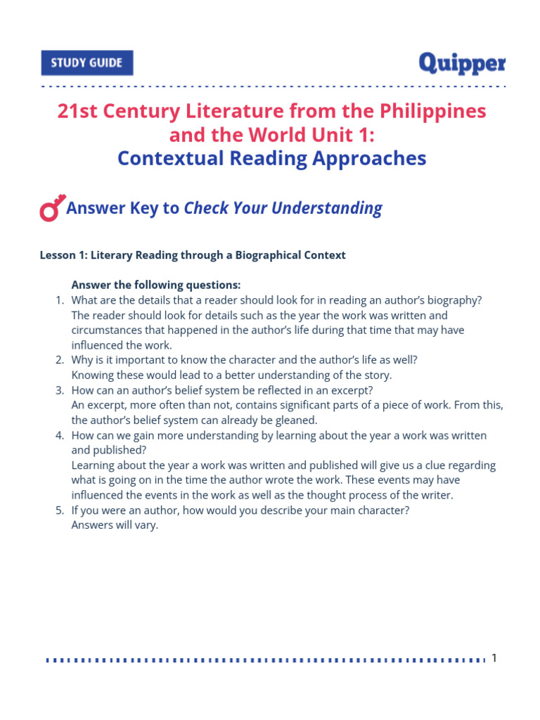 Answer Key - Literature 11 - Unit 1 - Contextual Reading Approaches ...