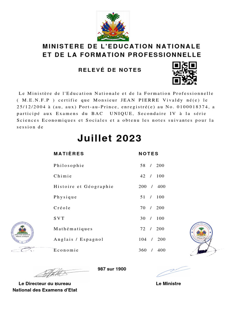 Relevé de Notes Bac 2023 MENFP | PDF