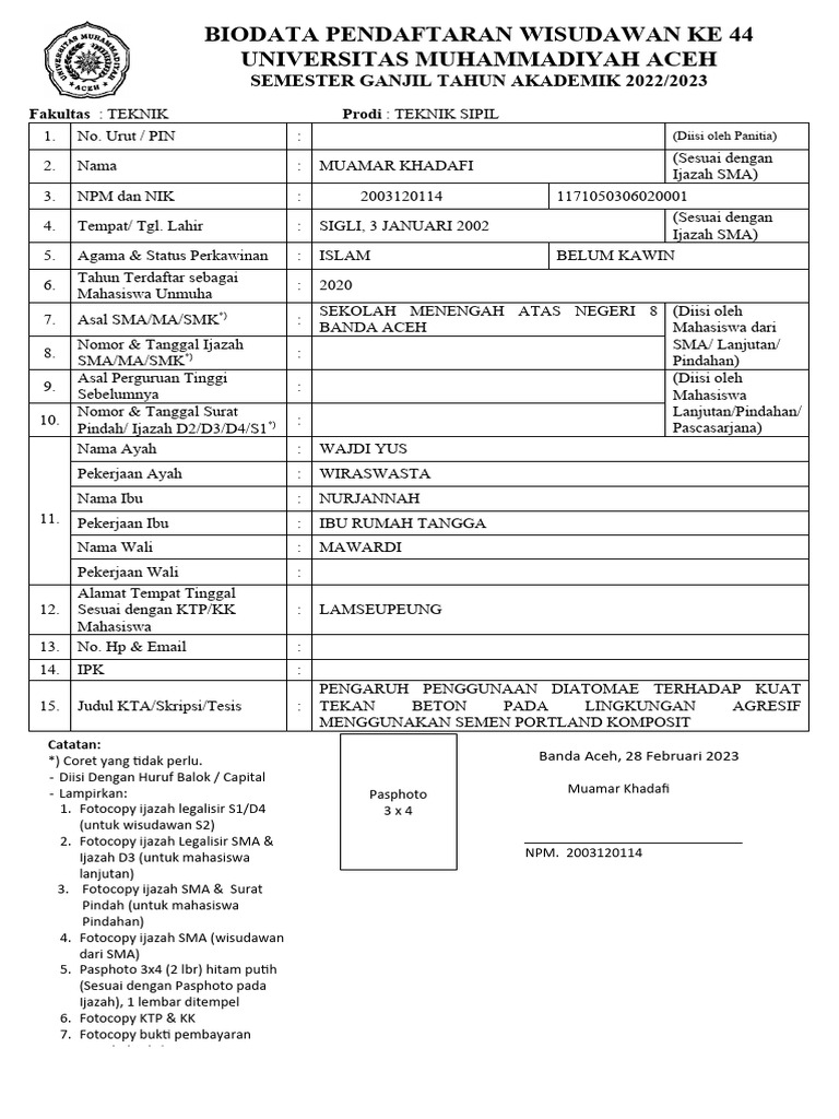 Biodata Pendaftaran Wisudawan | PDF
