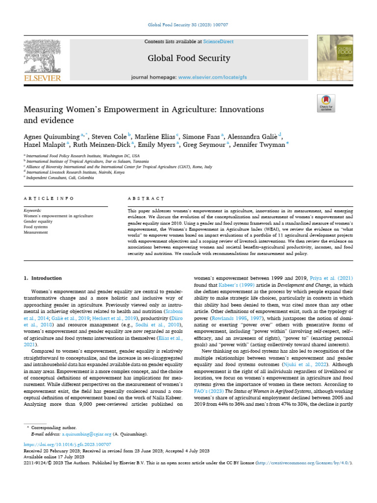 Measuring Women S Empowerment in Agriculture Innovatio - 2023 - Global Food Sec | PDF