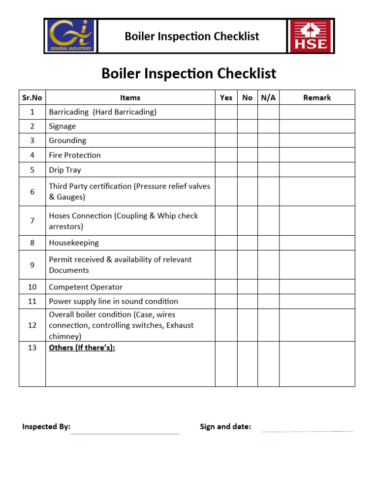 GI-HSE-01 Boiler Inspection Checklist | PDF