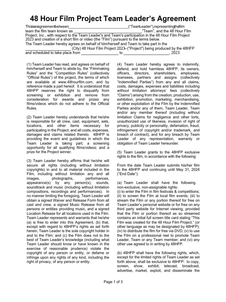 48hfp Team Leader Agreement | PDF | Legal Liability | Legal Remedy