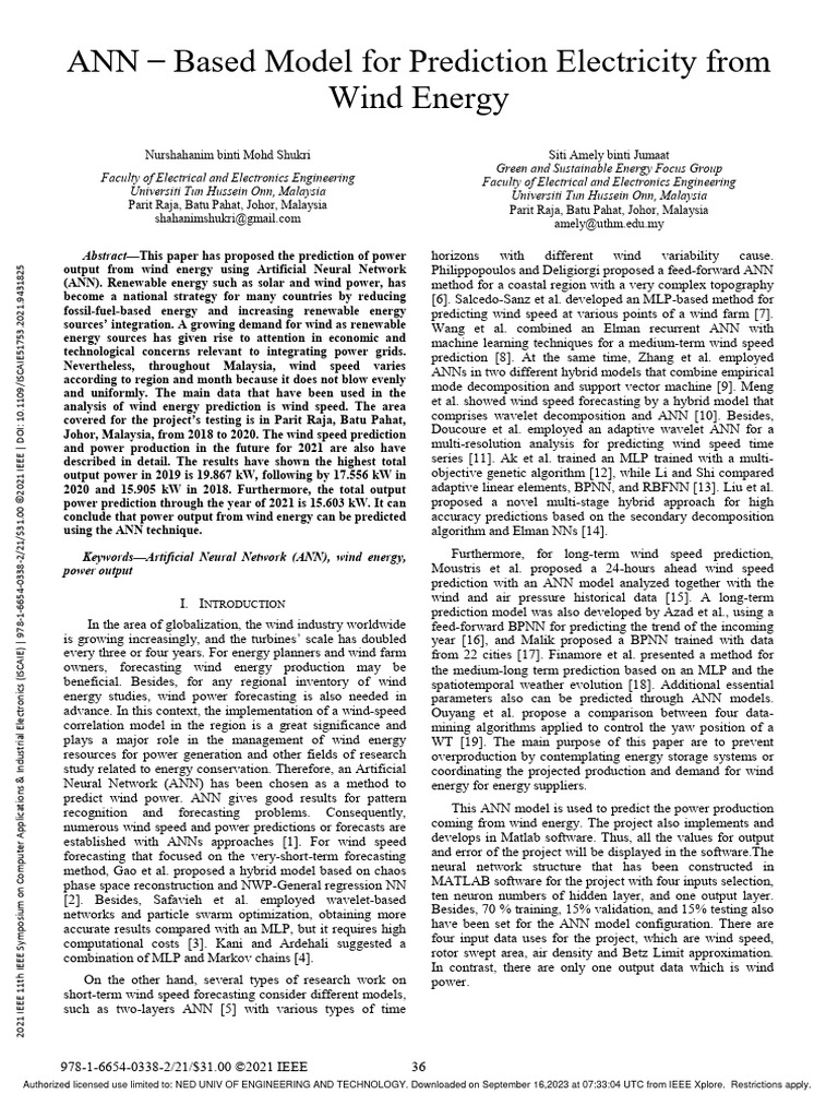 ANN Model for Wind Energy Prediction | PDF | Artificial Neural Network ...