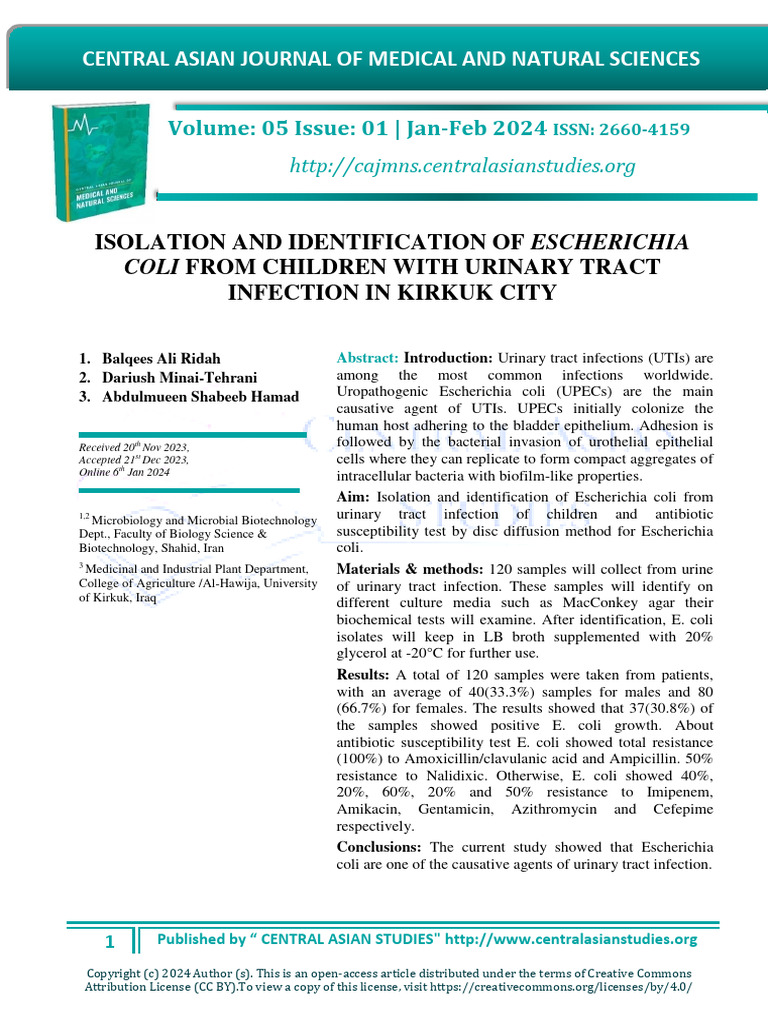 Isolation and Identification of Escherichia Coli From Children With ...