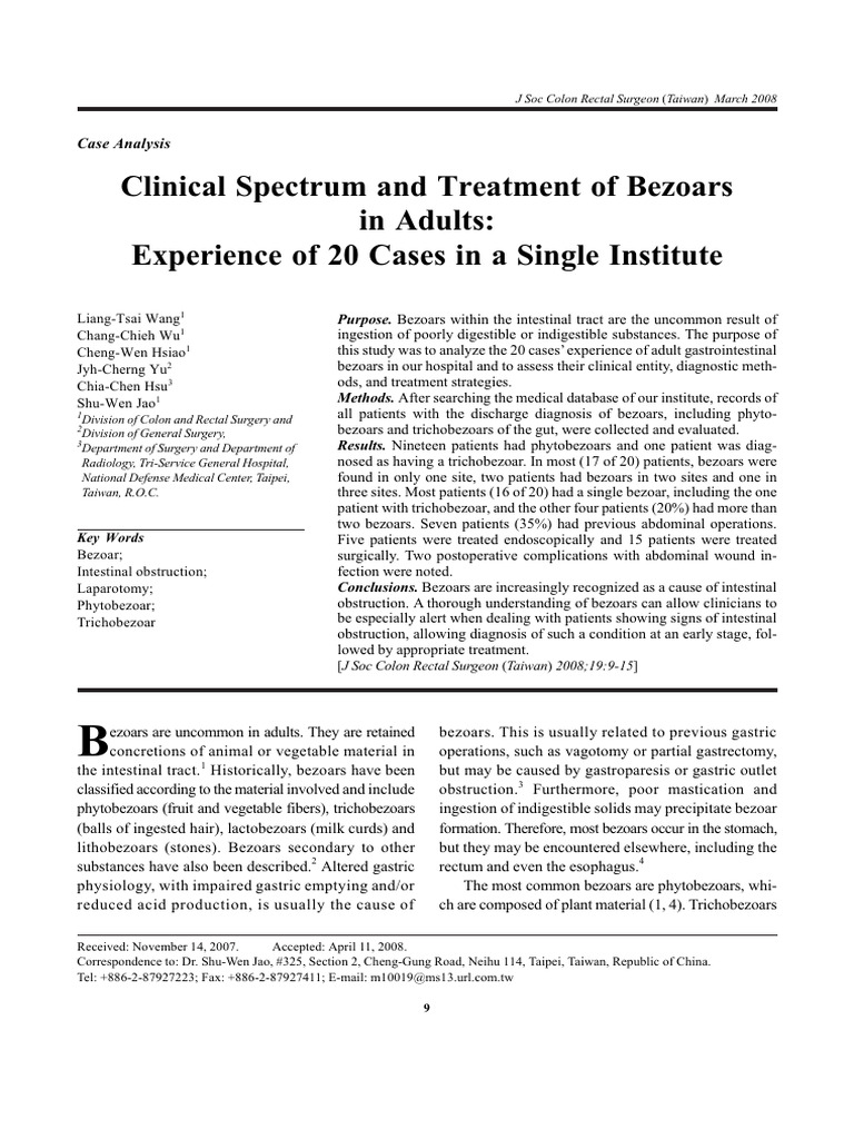 Clinical Spectrum and Treatment of Bezoars in Adults: Experience of 20 ...