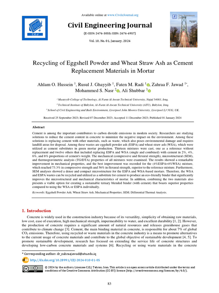 Recycling of Eggshell Powder and Wheat Straw Ash A | PDF | Concrete ...