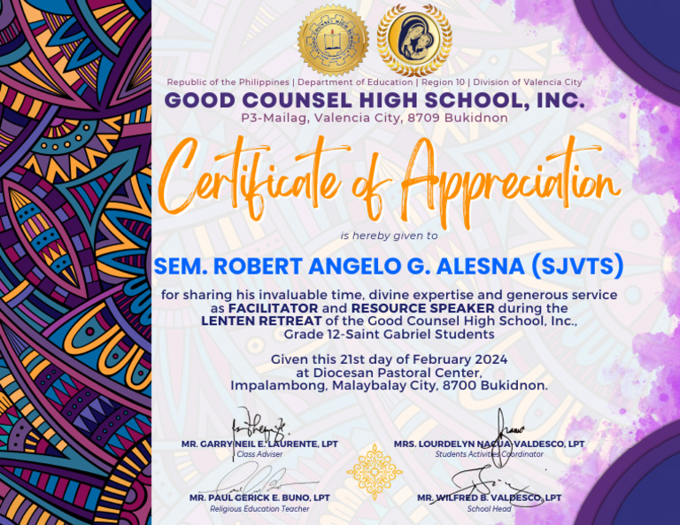 Certificate of Appreciation for Retreat Facilitator | PDF | Foreign ...