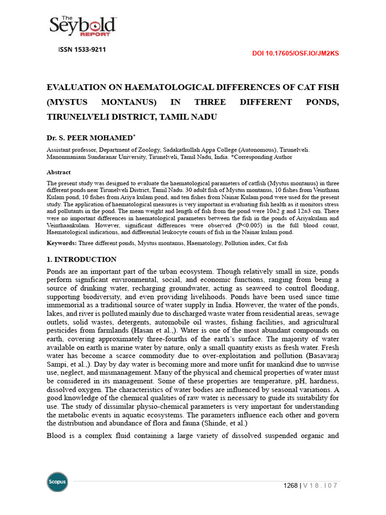 Haematological Study of Catfish in Tamil Nadu | PDF | Red Blood Cell ...