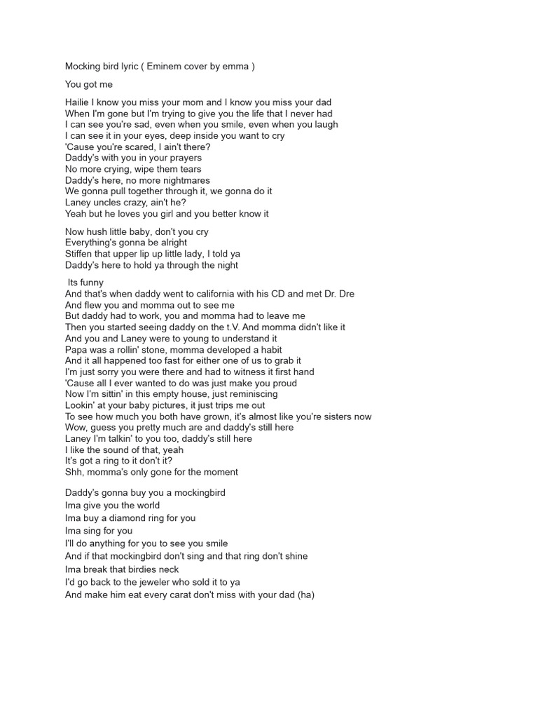 Mockingbird Lyrics by Emma (Eminem Cover) | PDF | Poetry