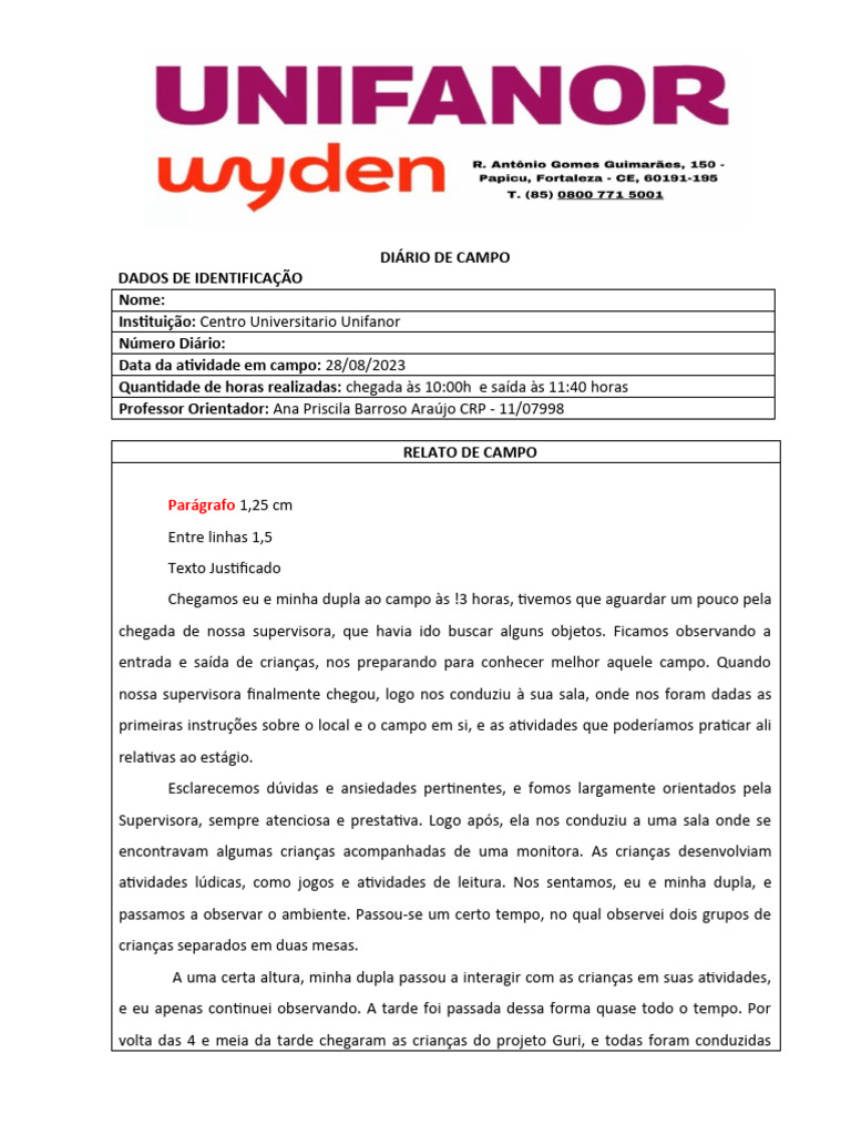 Modelo de Diário de Campo - Est. Básico 2 - UNIFANOR | PDF | Bem-estar ...