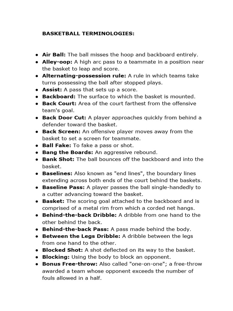 Basketball Terminologies | PDF | Basketball Positions | Athletic Sports