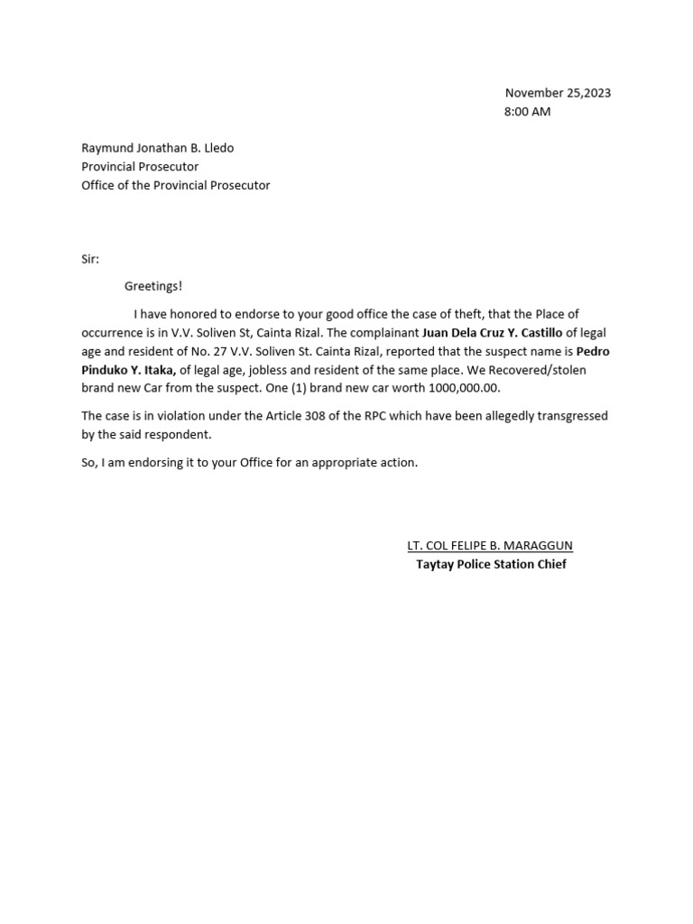 Theft Case Endorsement: Cainta Rizal | PDF | Law | Mystery, Thriller ...