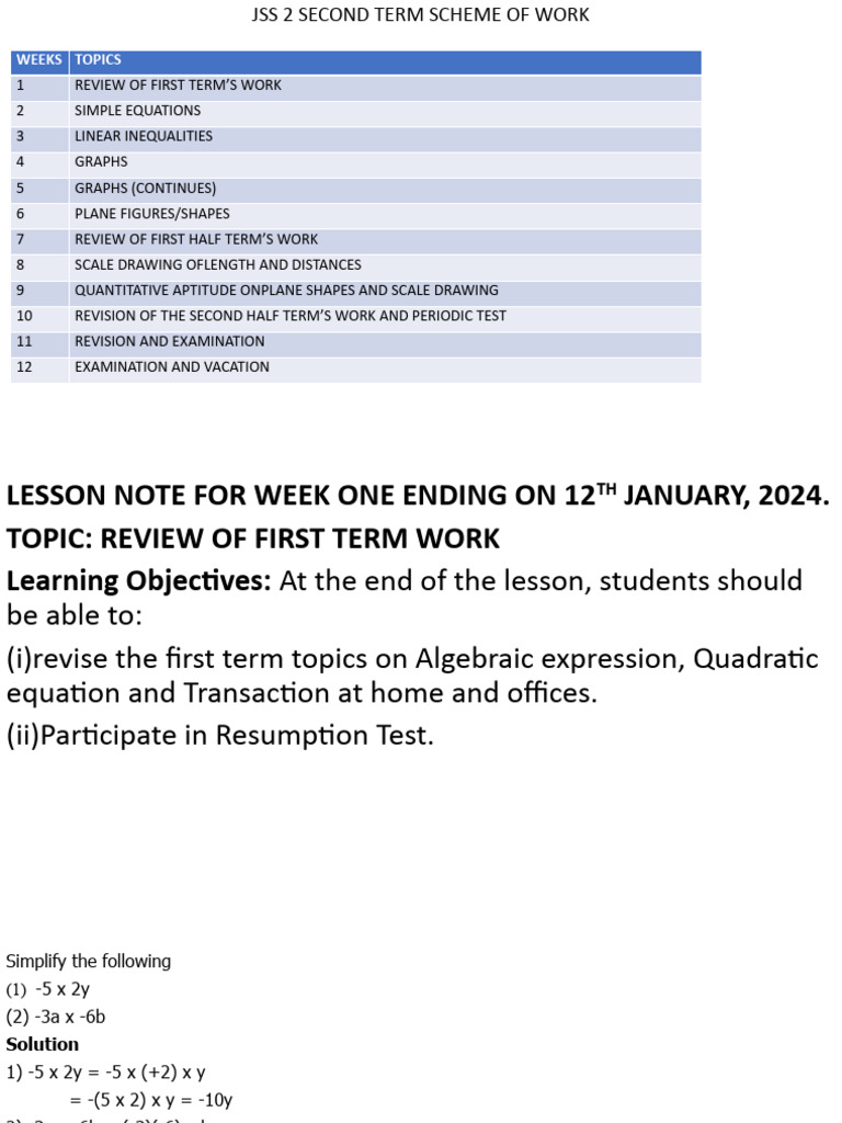 JSS 2 Second Term Work | PDF | Equations | Variable (Mathematics)