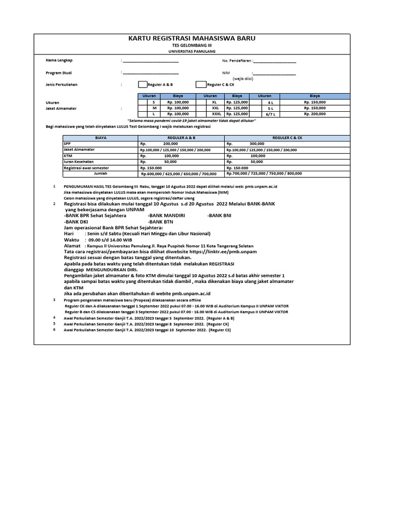 Kartu Registrasi Mahasiswa UNPAM | PDF