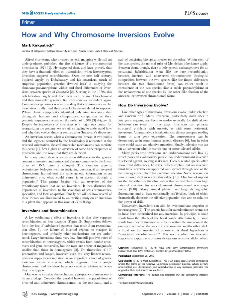 How and Why Chromosome Inversions Evolve: Primer | PDF