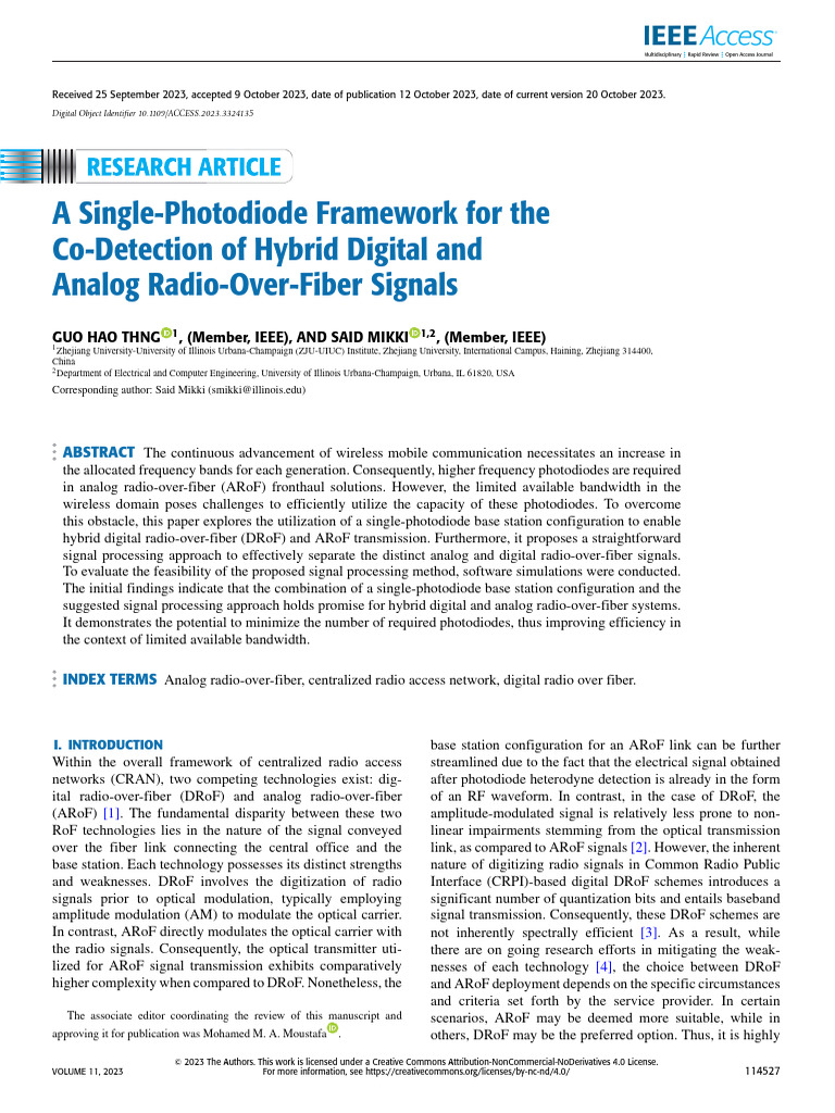 A Single-Photodiode Framework For The Co-Detection of Hybrid Digital and Analog Radio-Over-Fiber ...
