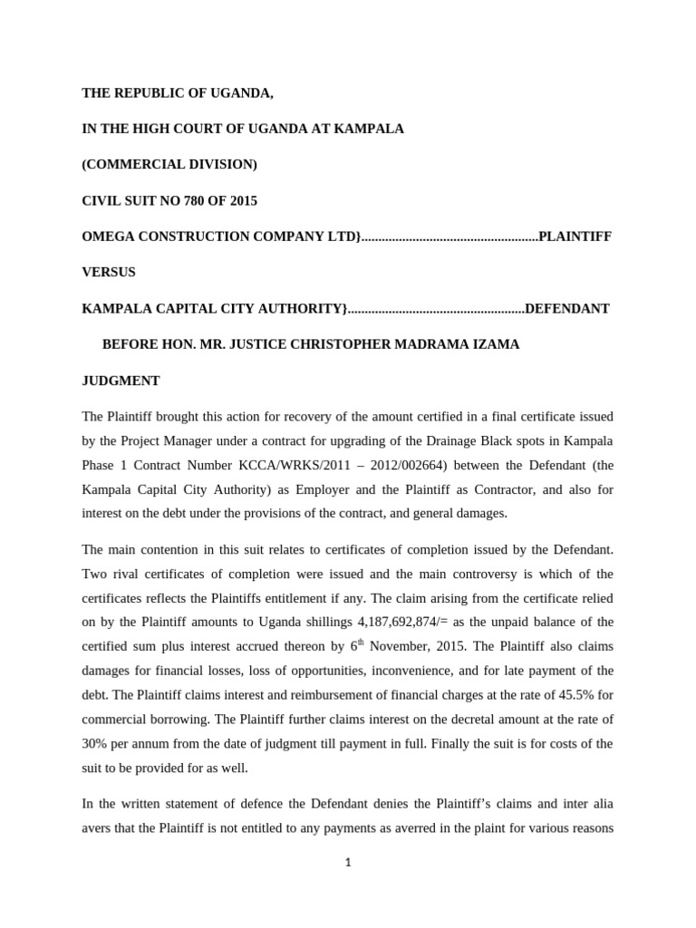 Omega Construction Company LTD V Kampala Capital City Authority | PDF