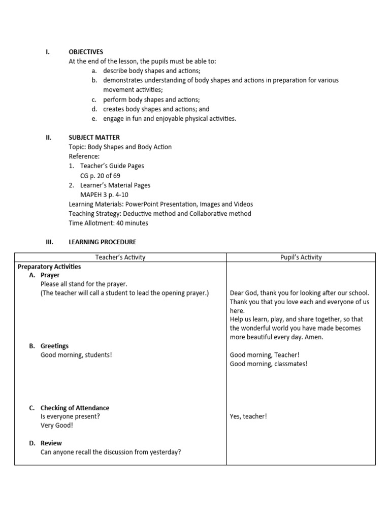 Lesson Plan in PE | PDF | Teachers | Foot