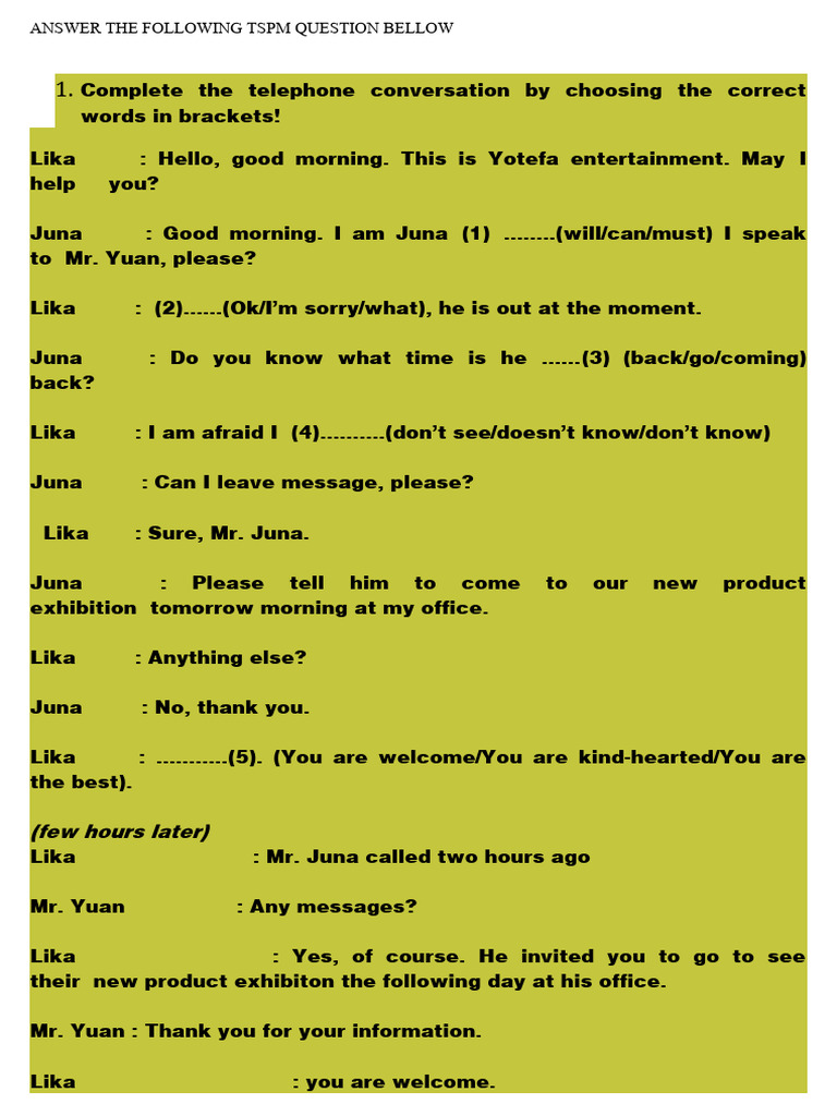 Telephone Conversation Practice Exercise | PDF