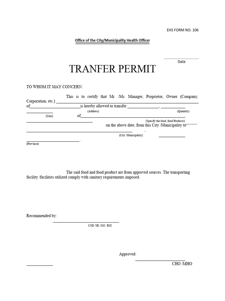 Transfer Permit for Food Products | PDF