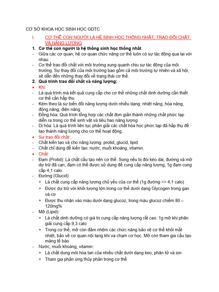 CƠ SỞ KHOA HỌC SINH HỌC GDTC | PDF