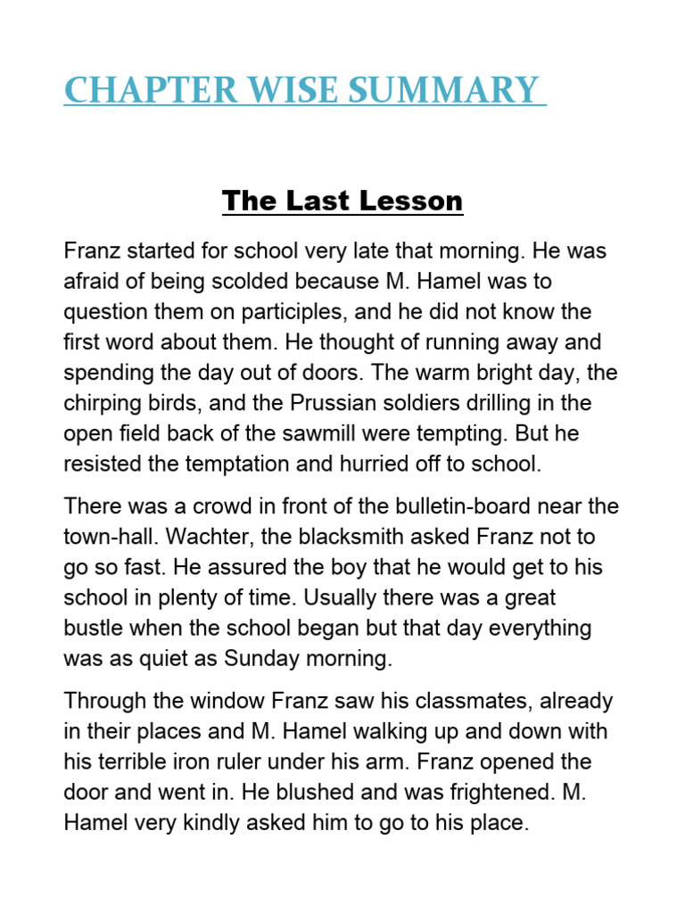 Chapter Wise Summary: The Last Lesson | PDF | Mahatma Gandhi