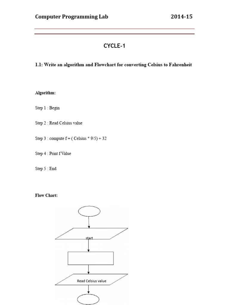Computer Programming Lab 2014-15: 1.1: Write An Algorithm and Flowchart For Converting Celsius ...