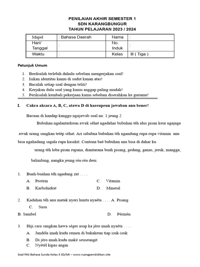 PAS I Bhs Sunda Kls 3 | PDF