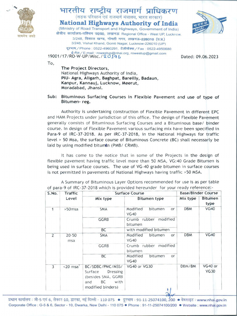 NHAI-letter No 20196 Dated 09 06 2023 Bituminous Surfacing Courses in ...