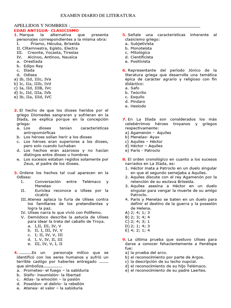 Examen de Literatura Clásica Griega | PDF | Odiseo | Ilíada