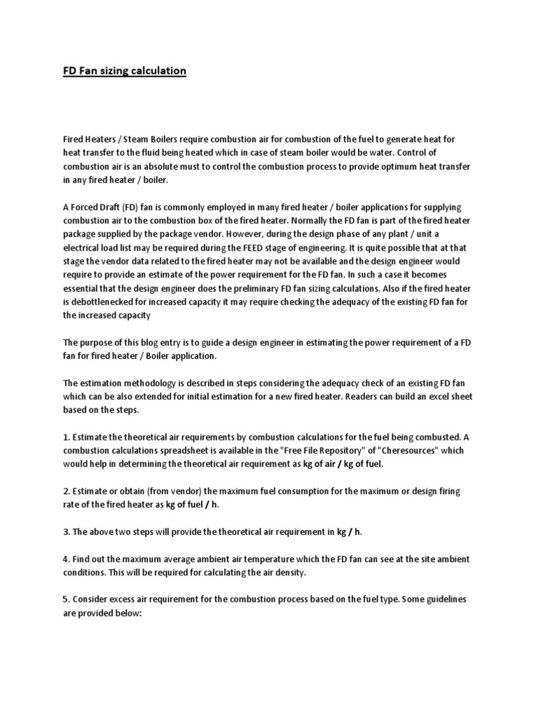 FD Fan Sizing Calculation | PDF | Boiler | Hvac