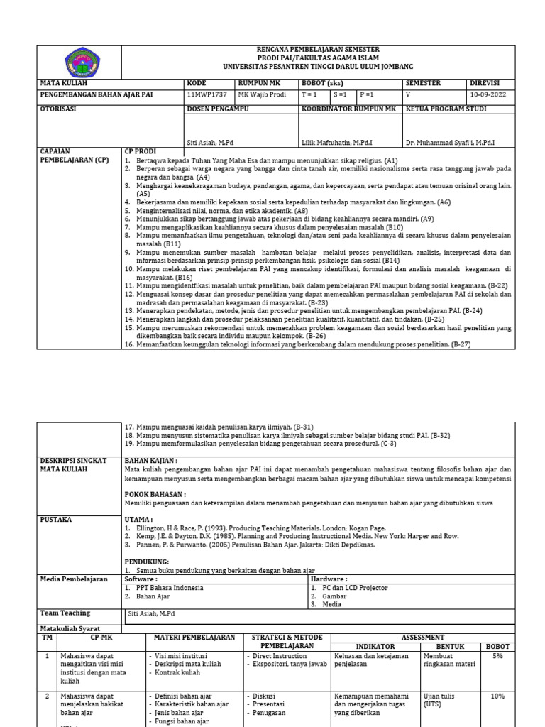 RPS Pengembangan Bahan Ajar PAI 2022 | PDF