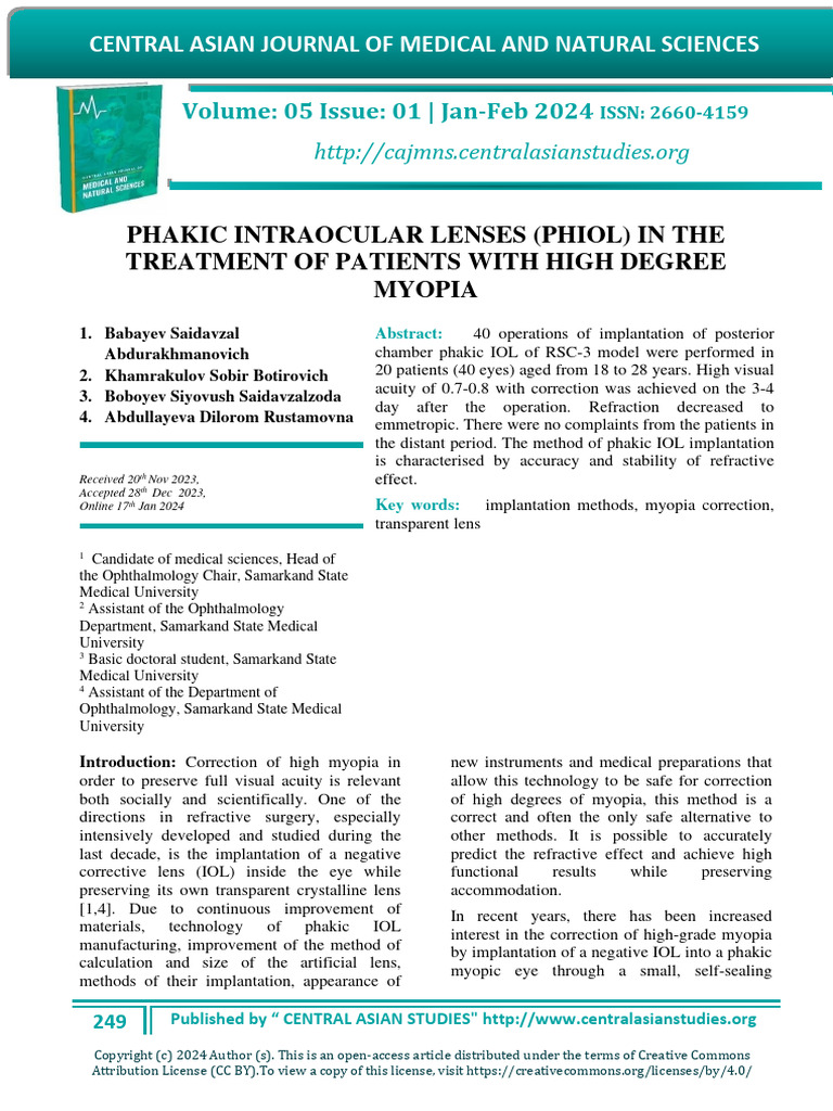Phakic Intraocular Lenses (Phiol) in The Treatment of Patients With ...