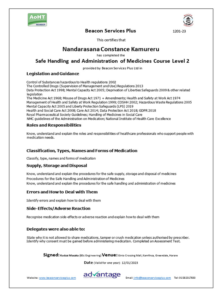 Safe Handling and Administration of Medicines 12-01-2023 Kamfinsa ...