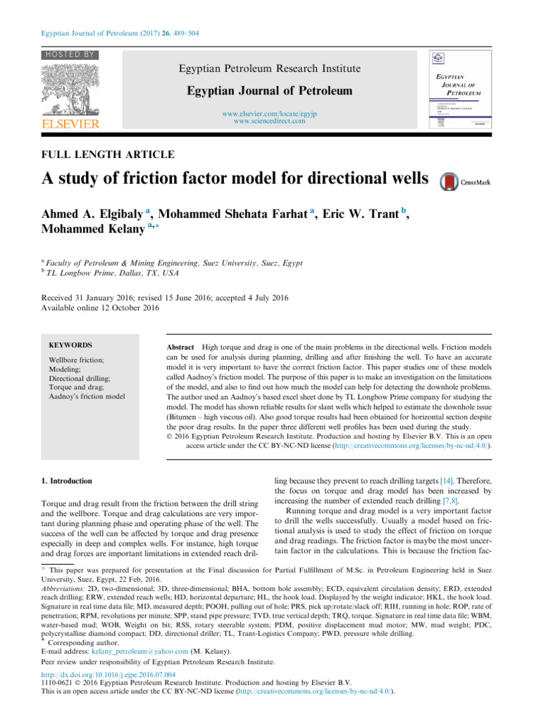 A Study of Friction Factor Model For Direccional Wells | PDF | Friction | Force