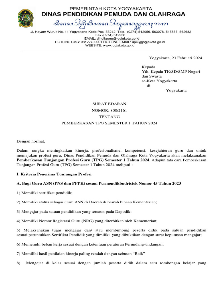 Surat Edaran Pemberkasan TPG Semester 1 Tahun 2024 | PDF