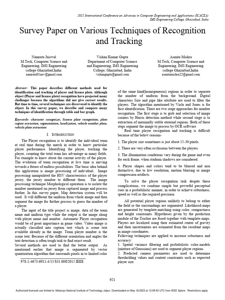 Survey Paper On Various Techniques of Recognition and Tracking | PDF