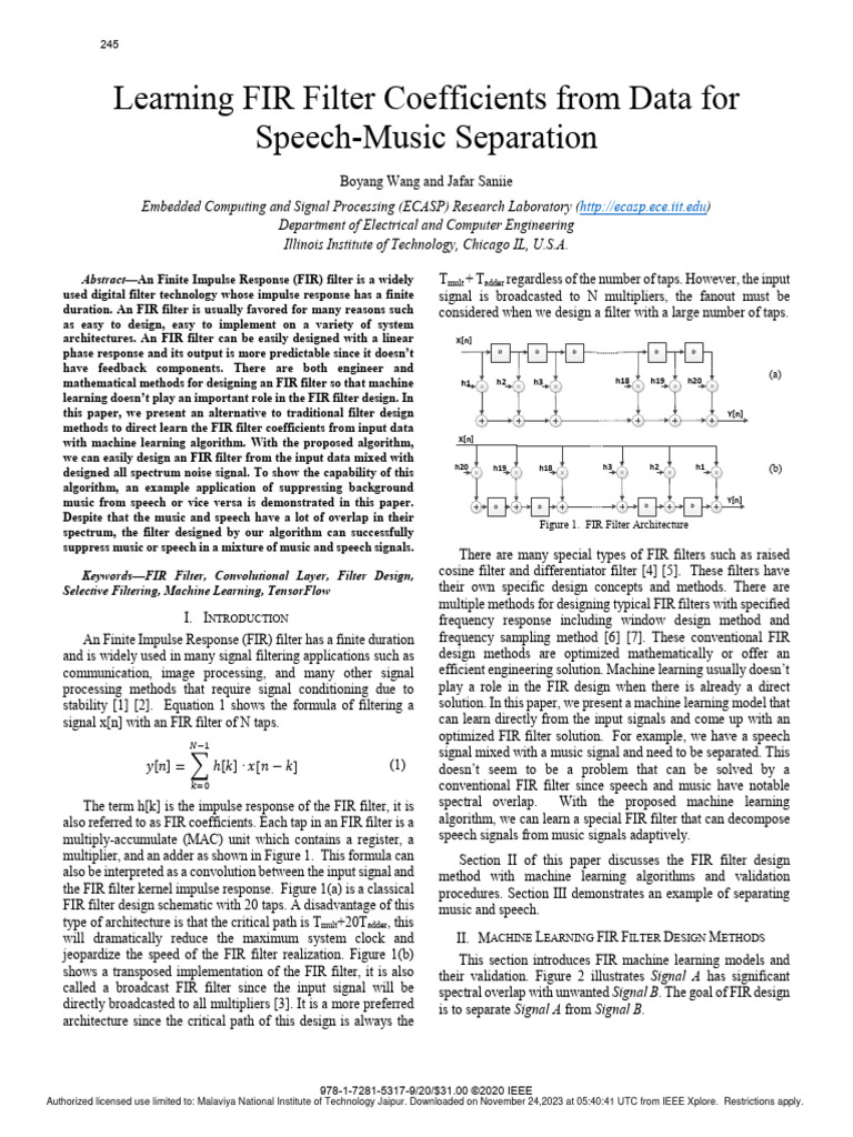 Learning FIR Filter Coefficients From Data For Speech-Music Separation ...