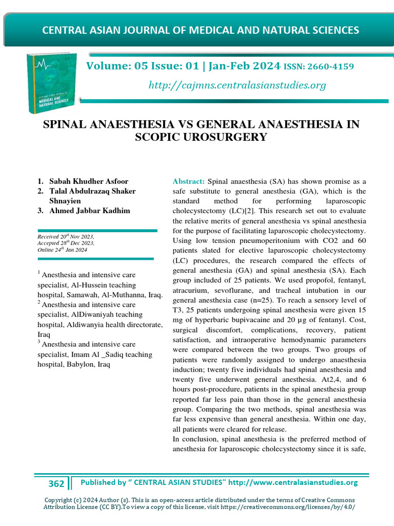 Spinal Anaesthesia VS General Anaesthesia in Scopic Urosurgery | PDF ...