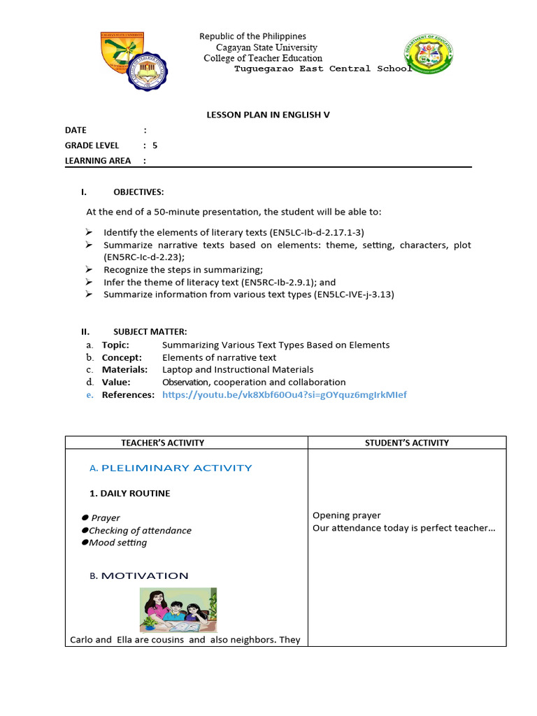 DLP in English 5 Summarizing Various Text Types Based On Elements | PDF | Poetry | Metre (Poetry)