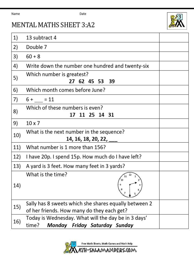 Mental Maths Year 3 A2 | PDF