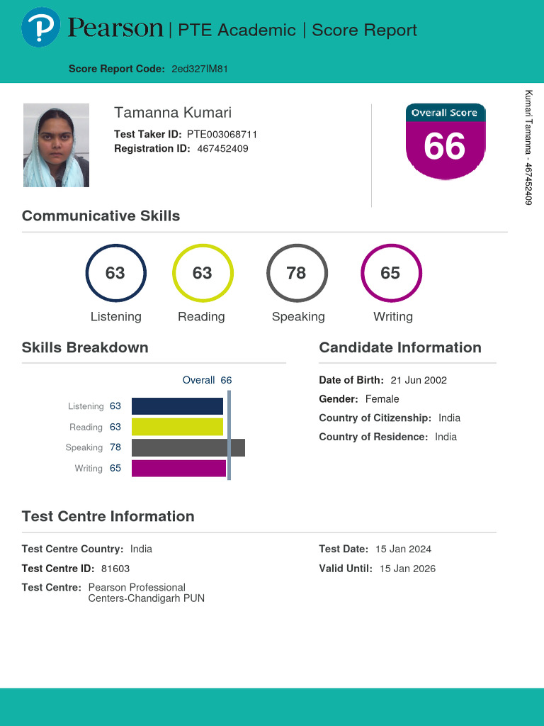 PTE Academic Score Report: Tamanna Kumari | PDF
