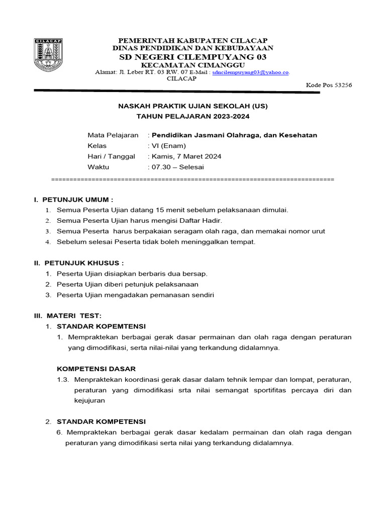 NASKAH UJIAN PRAKTIK PJOK KELAS 6 TAHUN 2020 | PDF