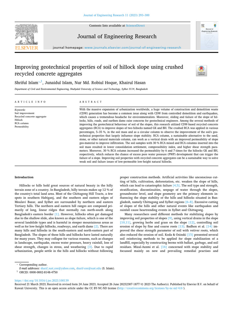 Improving Geotechnical Properties of Soil of Hillock Slope Using Crushed Recycled Concrete ...